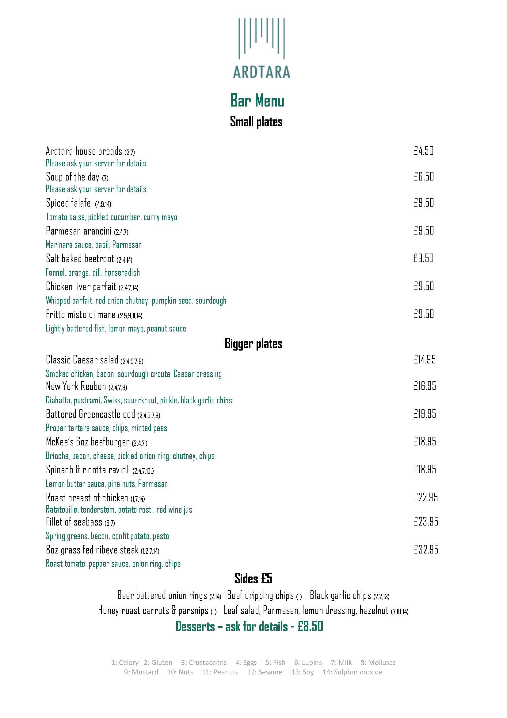 Bar Menu - Ardtara Country House